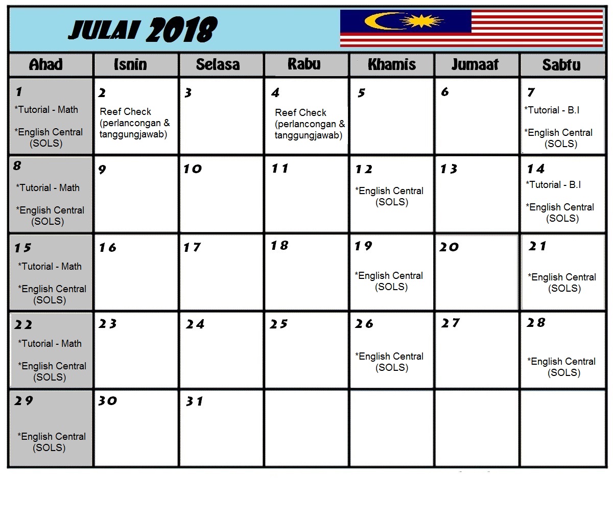 JADUAL AKTIVITI BULAN JULAI 2018 – NADI Kg Tekek, Pulau Tioman